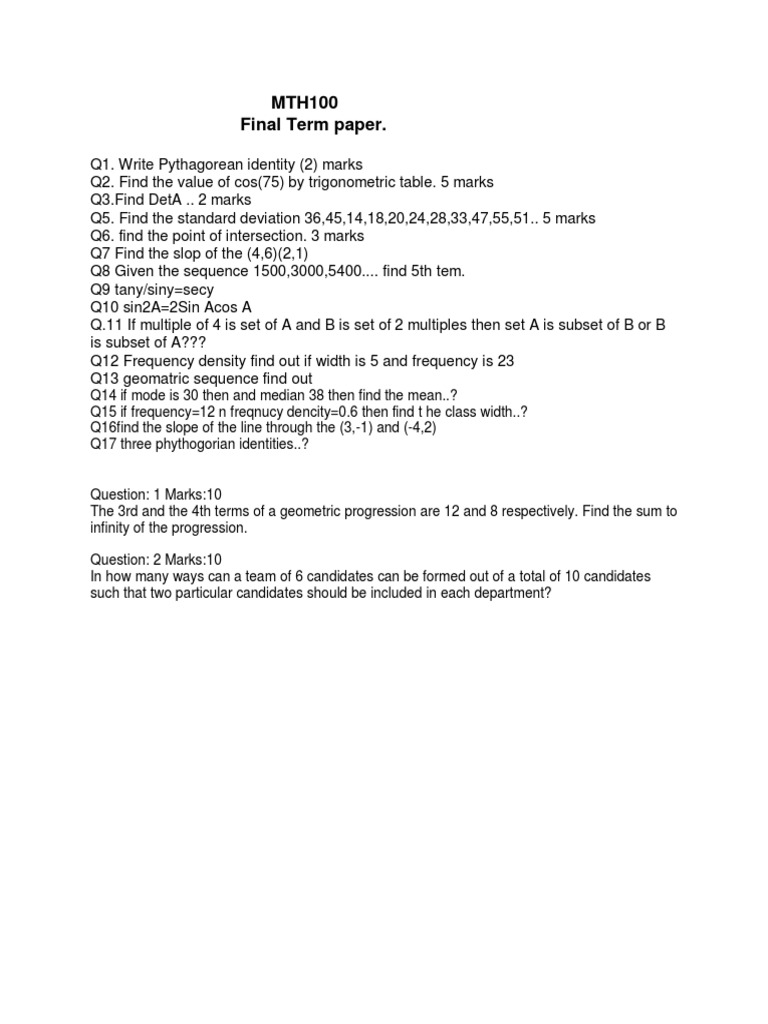 MTH100 Final Term Past Papers | PDF