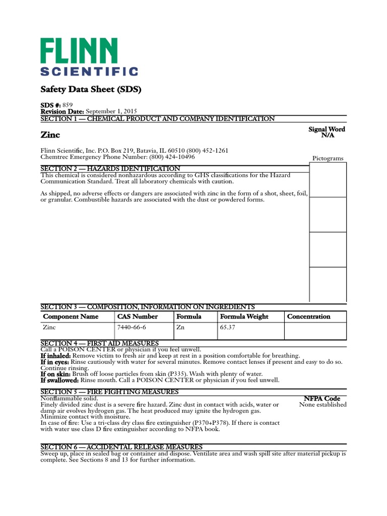 Safety Data Sheet (SDS) | PDF | Sodium | Zinc