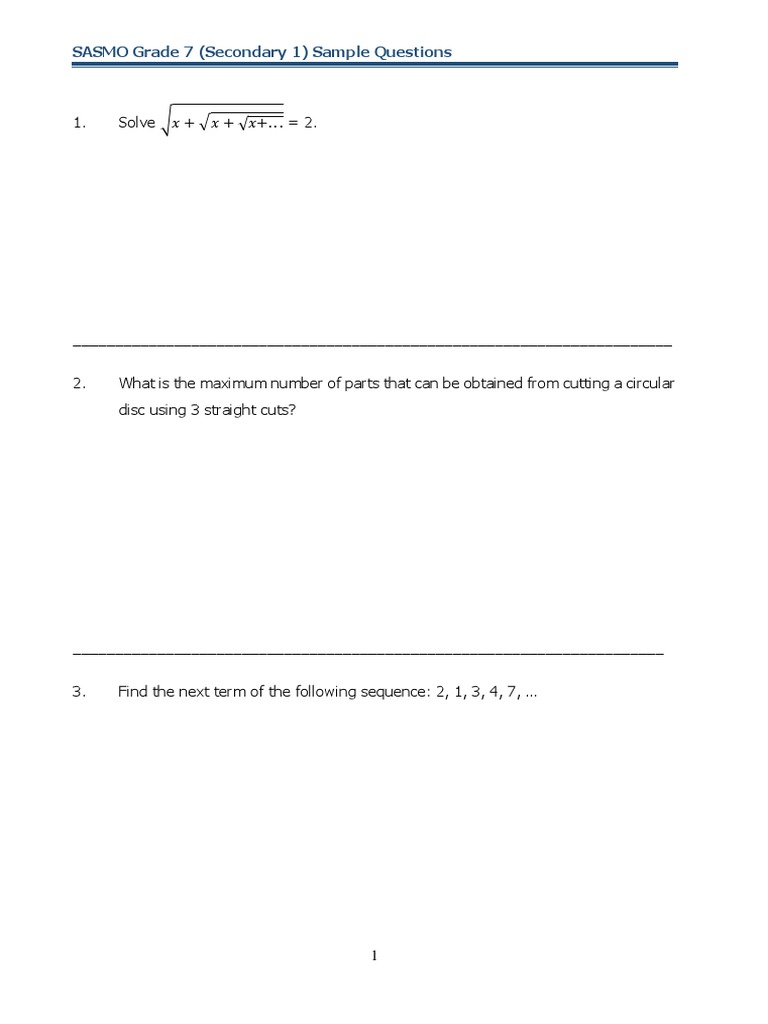 Sample Questions Grade 7 SASMO2021 5 | PDF | Numbers | Summation