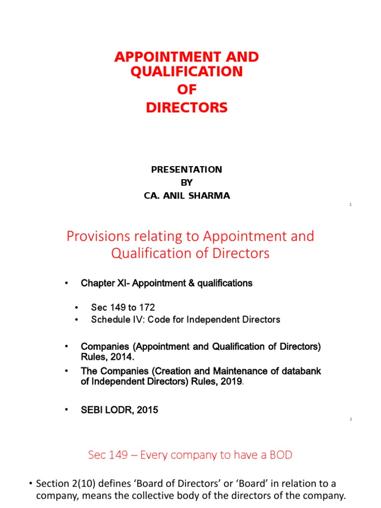 Appointment and Qualification OF Directors: Presentation BY Ca. Anil ...