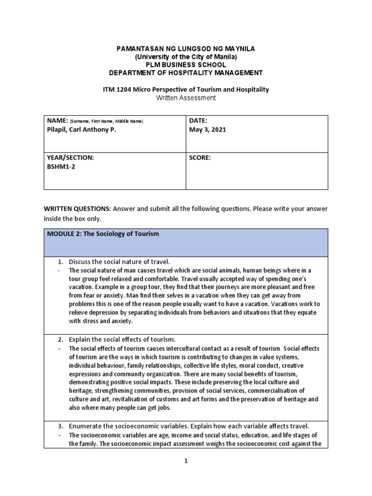 MICRO - Written Assessment | PDF | Tourism | Attitude (Psychology)