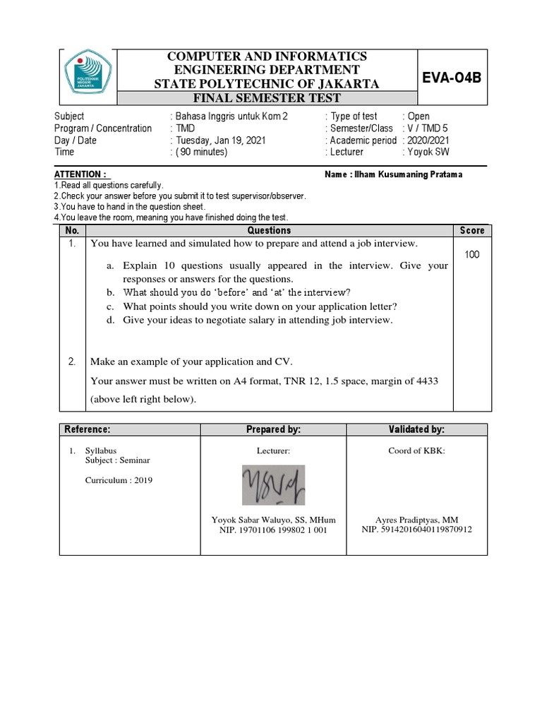 CV Final Test English | PDF | Recruitment | Question