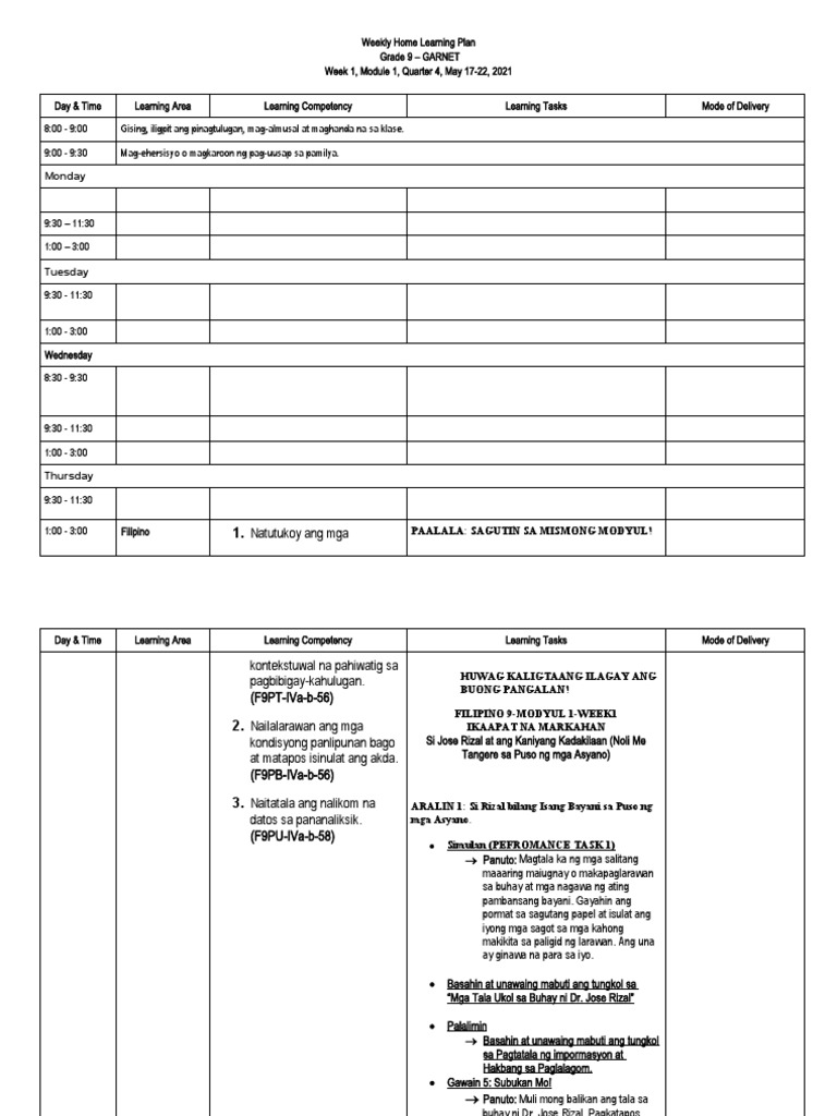 WHLP Week 1 Module 1 Quarter 4 Filipino 9 | PDF