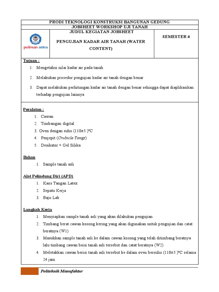 Jobsheet Praktikum Kadar Air Tanah - Rere | PDF