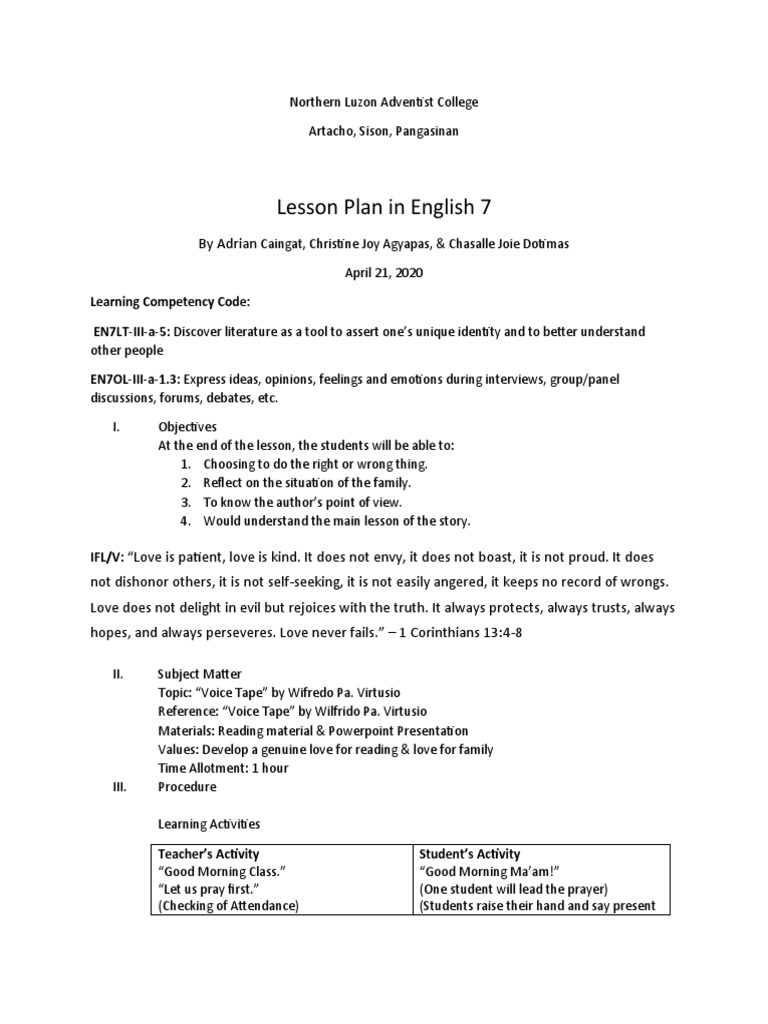 Lesson Plan in English 7: Learning Competency Code | PDF | Love | Human ...