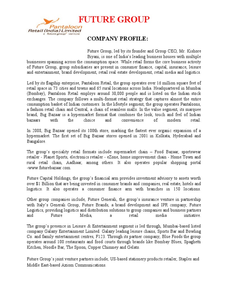 Future Group: Company Profile | PDF | Retail | Business