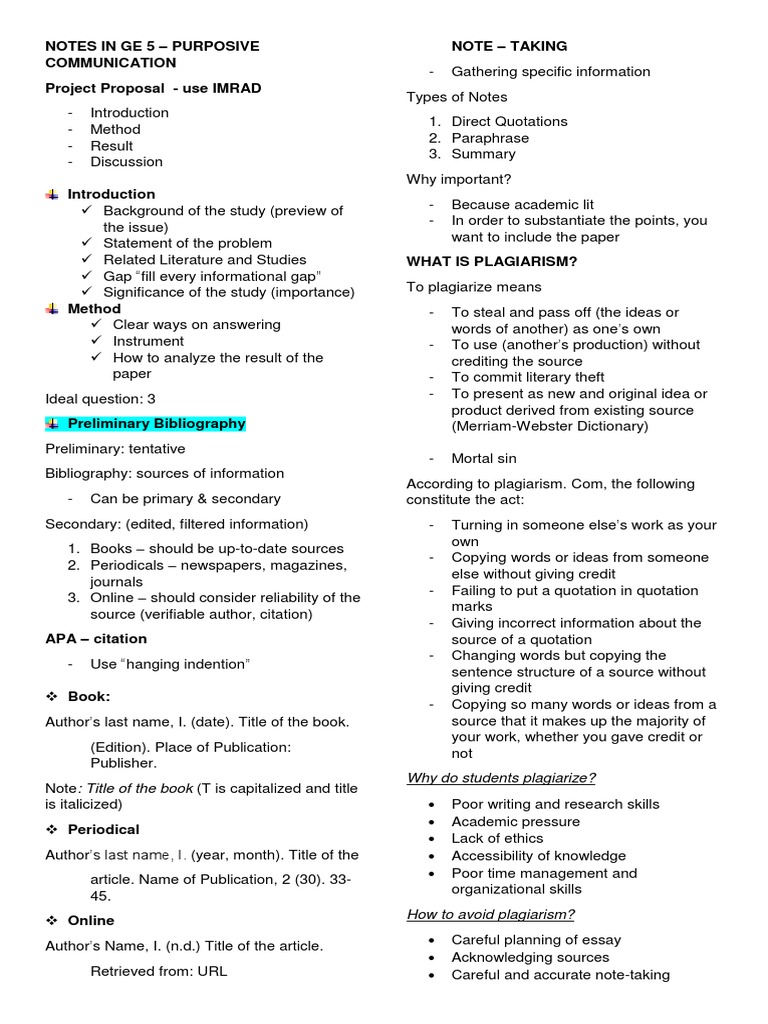 Notes in Ge 5 - Purposive Communication Project Proposal - Use IMRAD ...