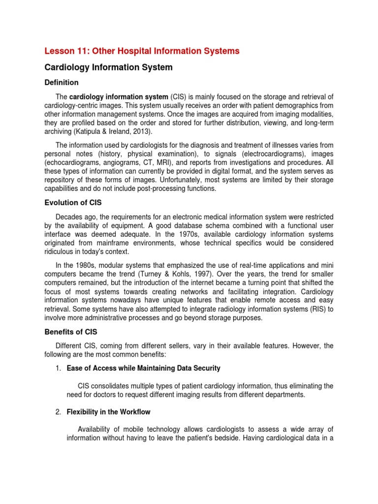 Cardiology Information System: Lesson 11: Other Hospital Information ...
