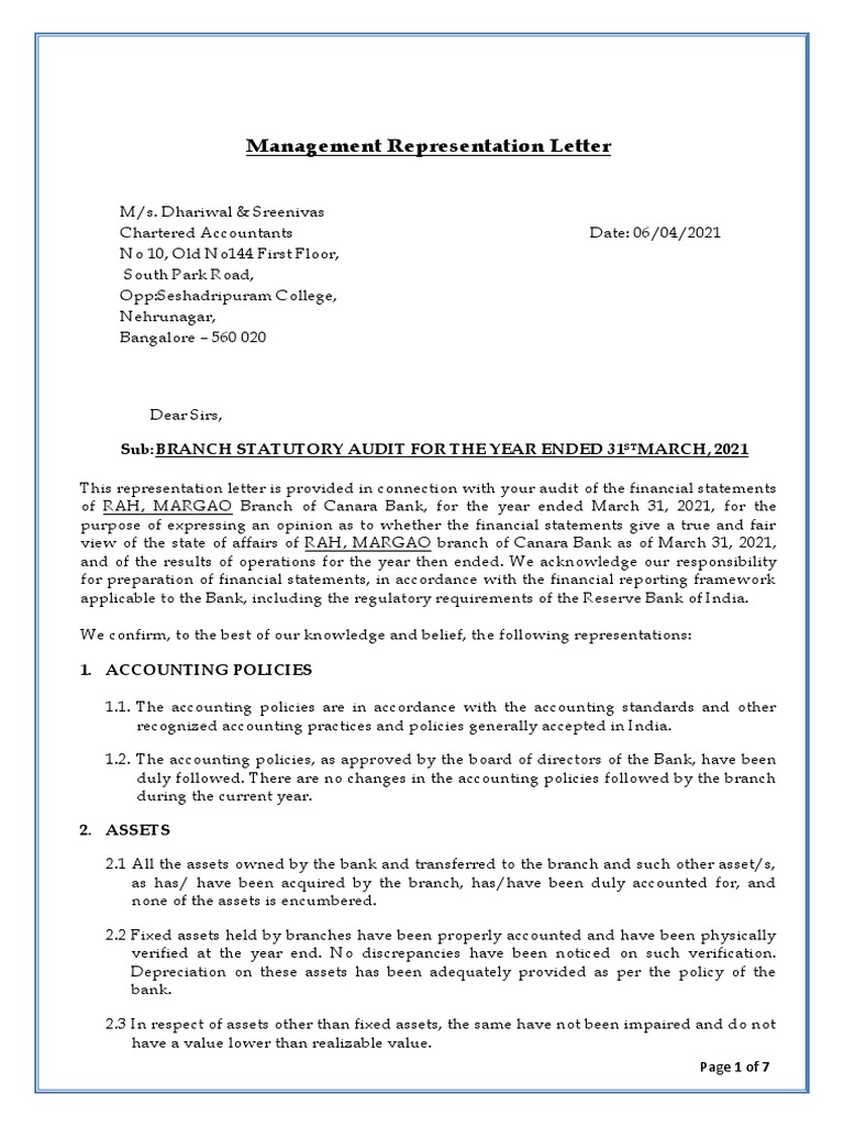 Management Representation Letter Audit | PDF | Audit | Financial Statement