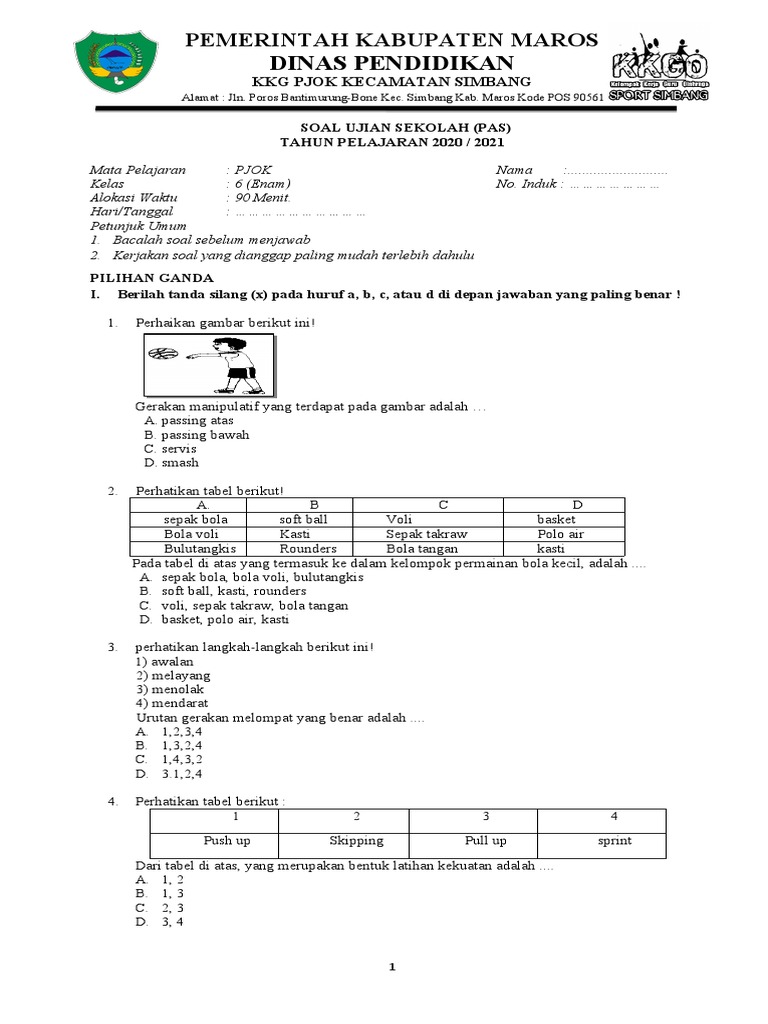 Soal Pjok Uas Kelas 6 2020-2021 | PDF | Olahraga & Rekreasi