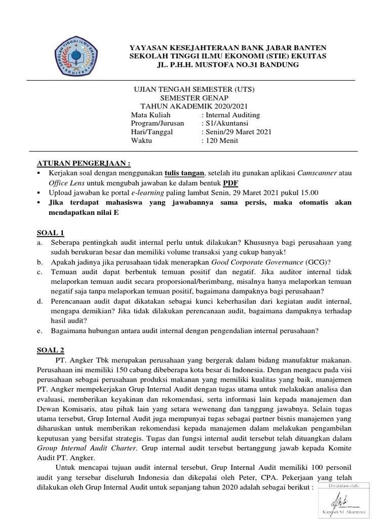 Soal UTS Internal Auditing Genap 2020-2021 Validasi | PDF
