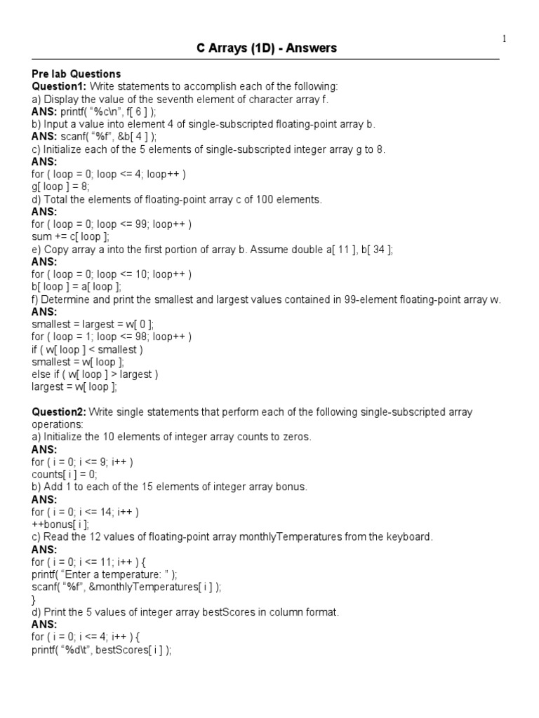 Arrays 1 D Answers Pdf Array Data Structure Integer Computer Science 
