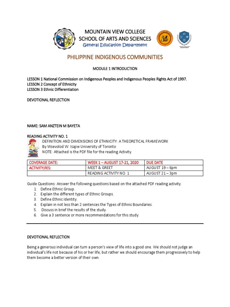 Module 1 Lesson 1 - Reading Activity No. 1 | PDF | Ethnic Groups ...