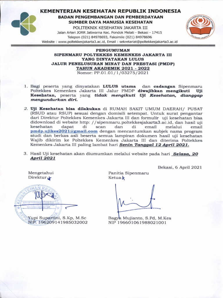 Pengumuman Penerimaan Mahasiswa Baru Jalur PMDP Tahun 2021 Jur. TLM (D III Dan D IV TLM) | PDF