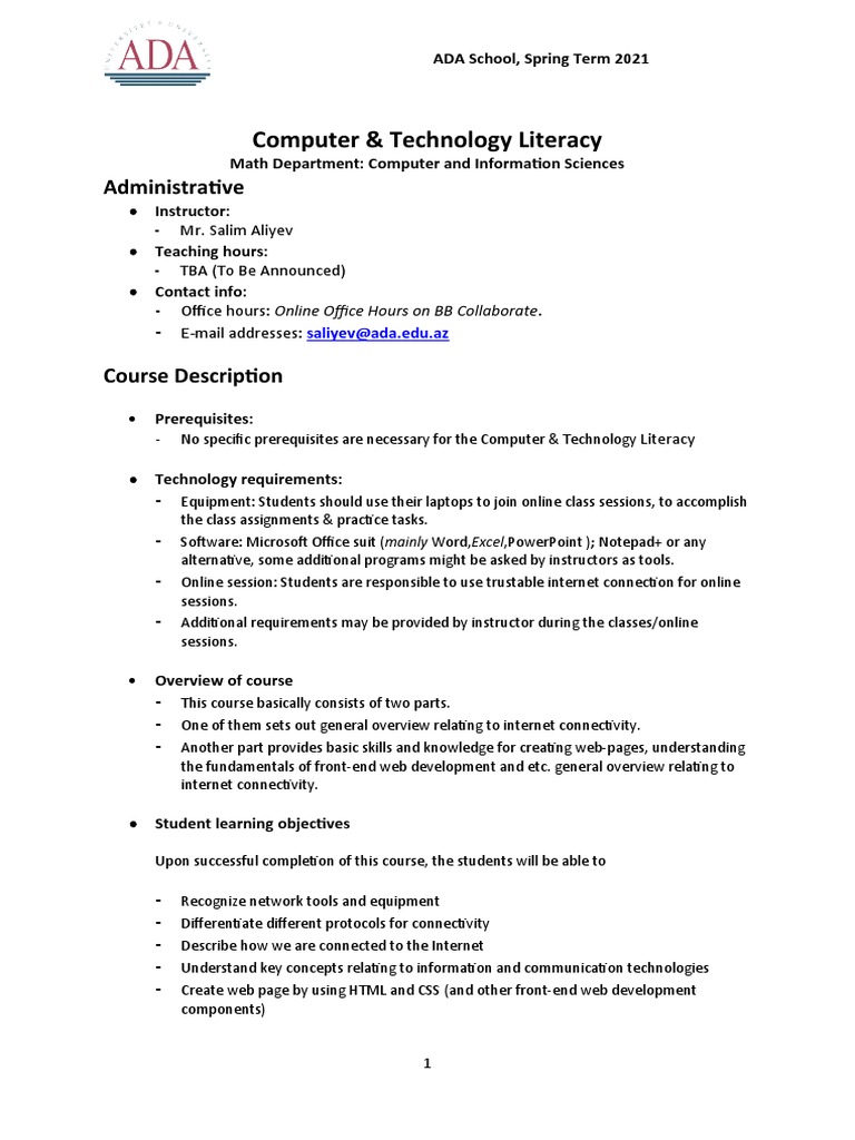 Syllabus - CSCI 101 Computer & Technology Literacy - Spring2021 | PDF ...