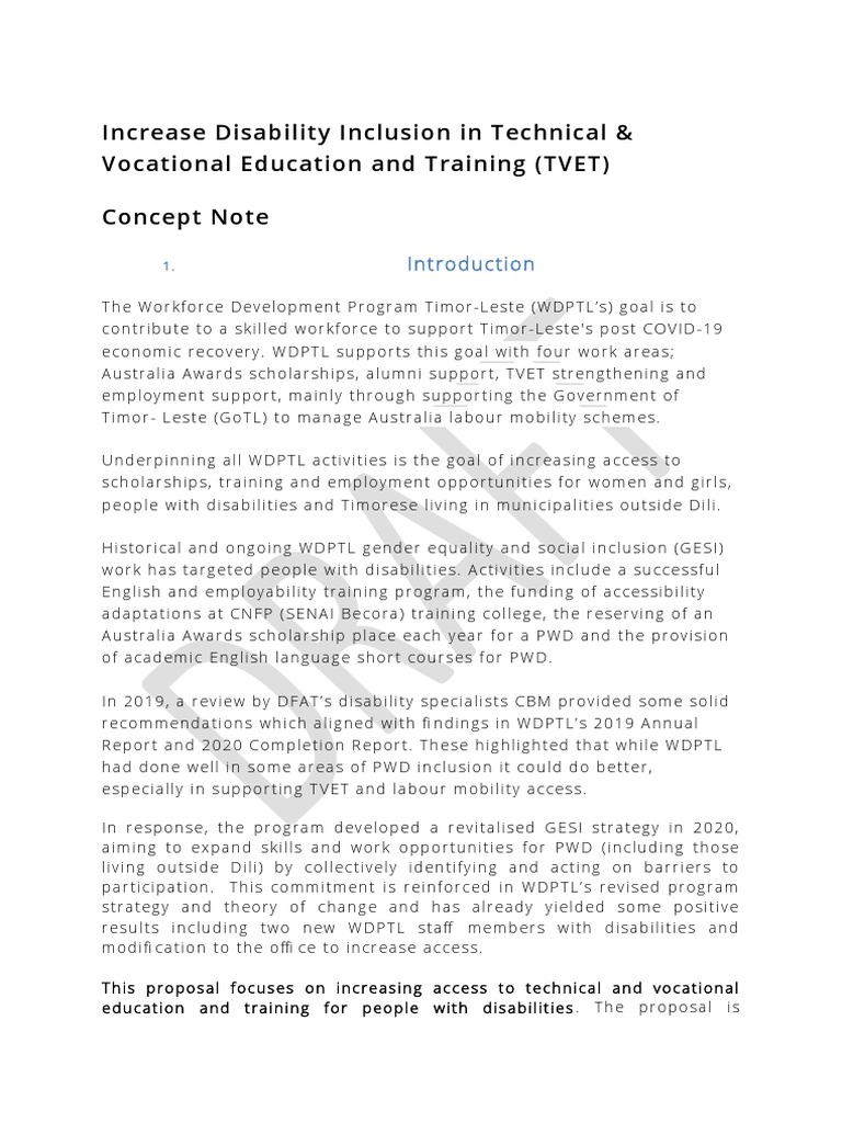 Concept Note - TVET Disability Inclusion Draft 4 - 5 Feb | PDF | Human ...