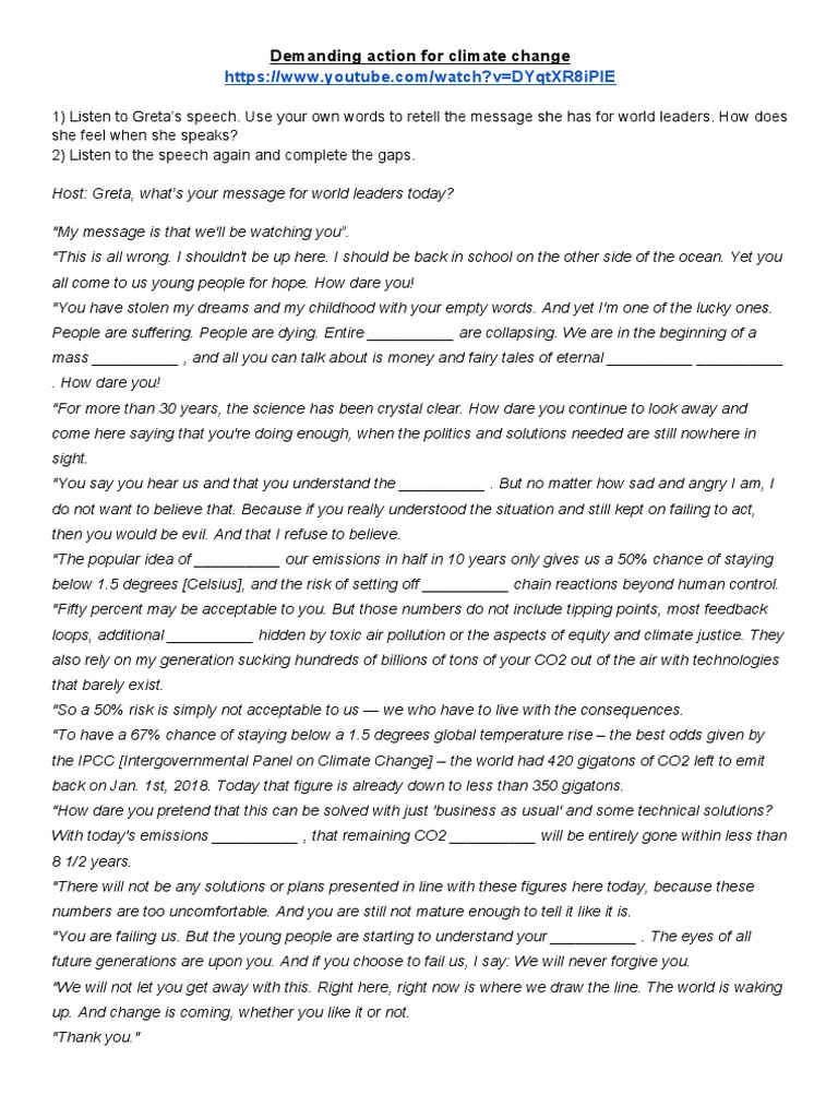 Greta Thunberg Speech-WORKSHEET | PDF | Physical Geography | Climate Change
