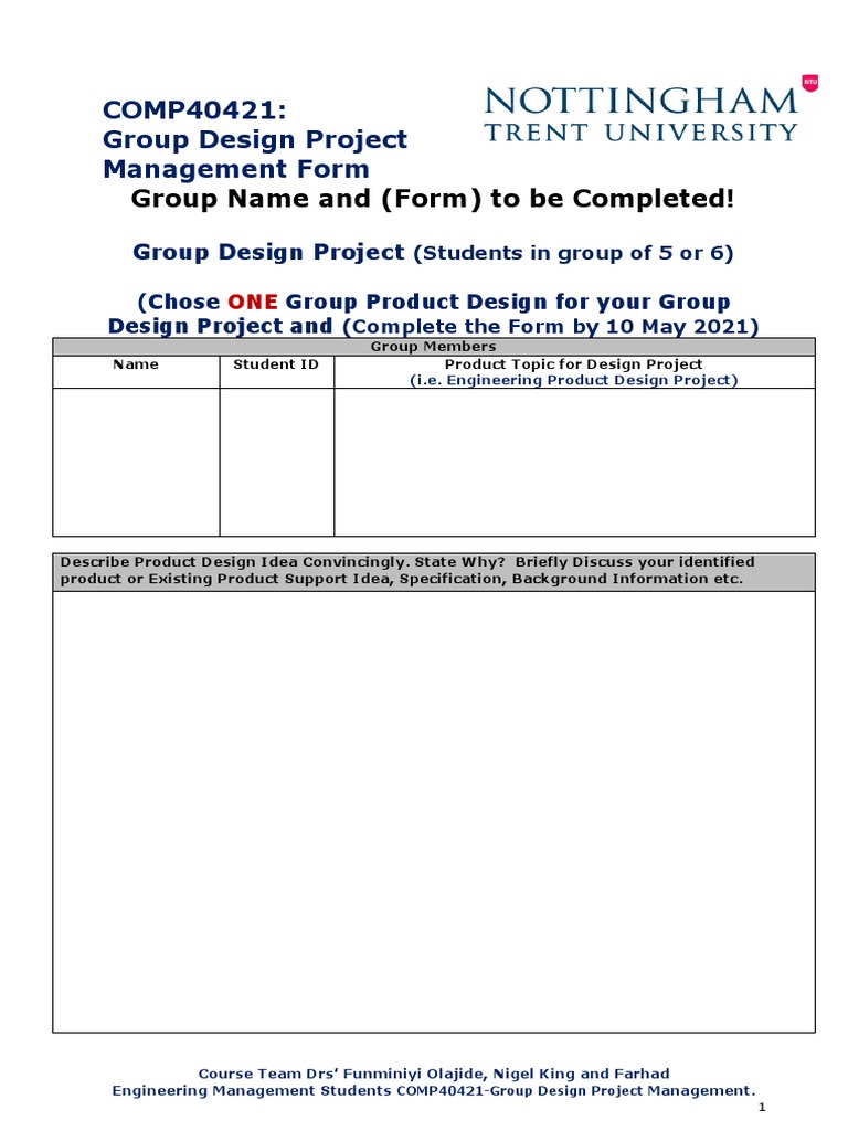 Complete The Form (Each Group With Product Design Name) Comp40421-Group ...