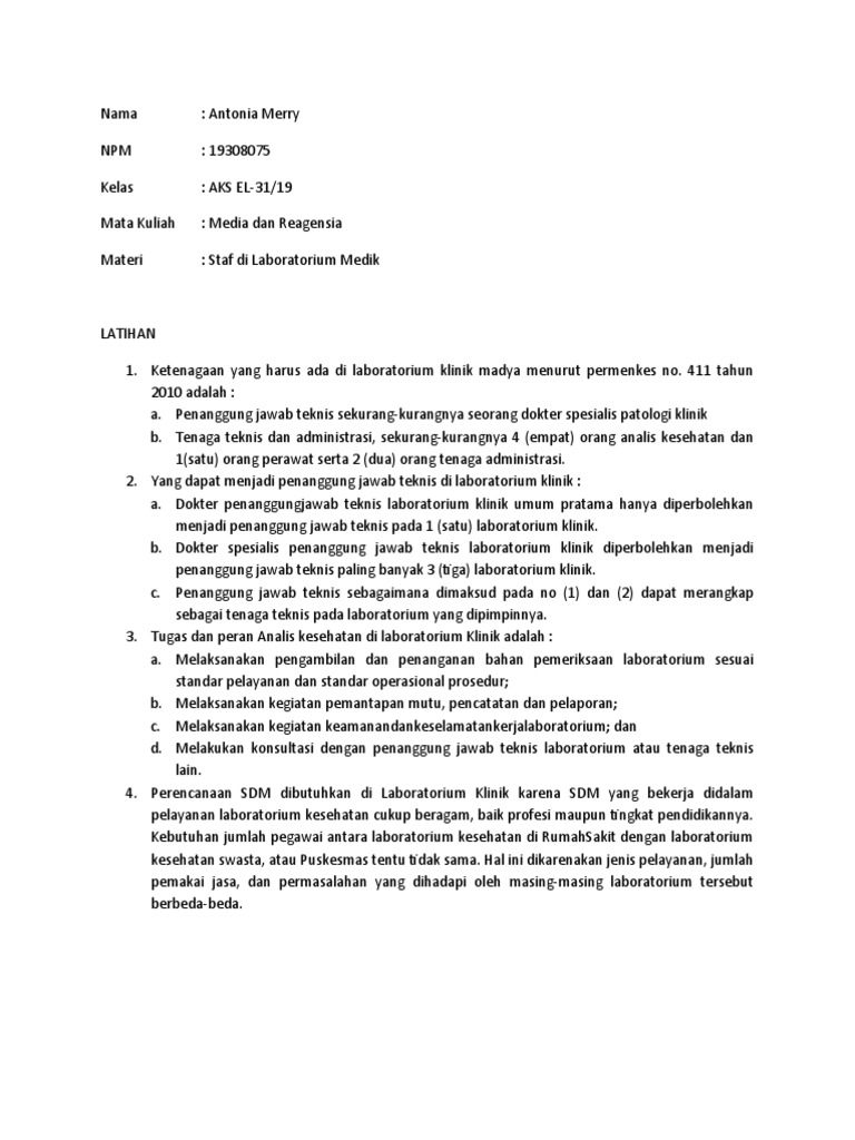 Tugas Staf Di Laboratorium Medik | PDF | Kesehatan Holistik | Sains & Matematika