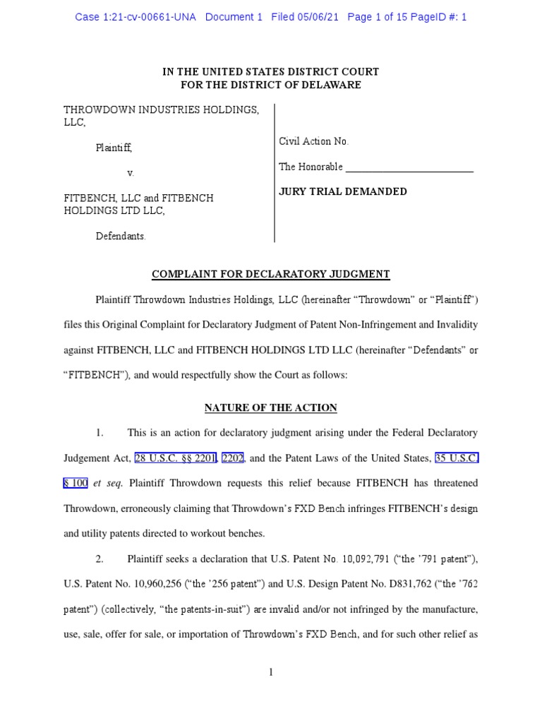 Throwdown Industries Holdings v. Fitbench - Complaint | PDF | Declaratory Judgment | Patent