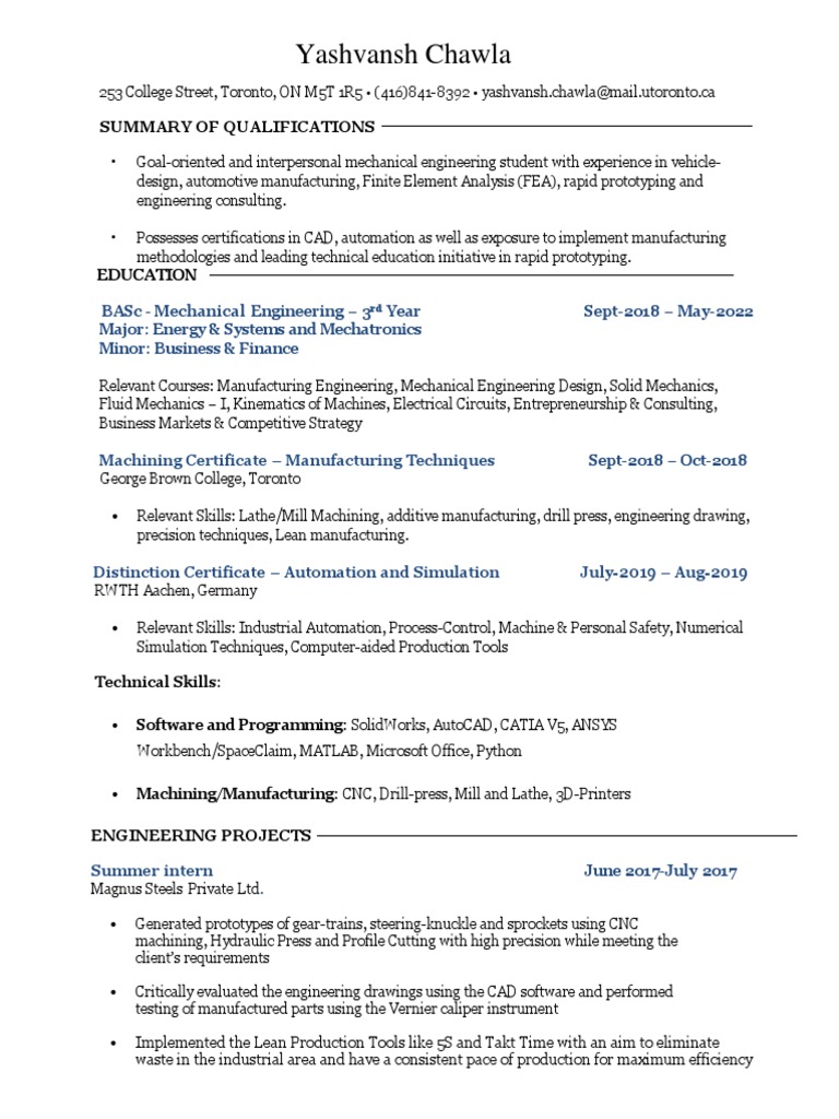 Yashvansh Chawla Resume - Mechanical Engineering - Hardwarenxt | PDF | Numerical Control ...