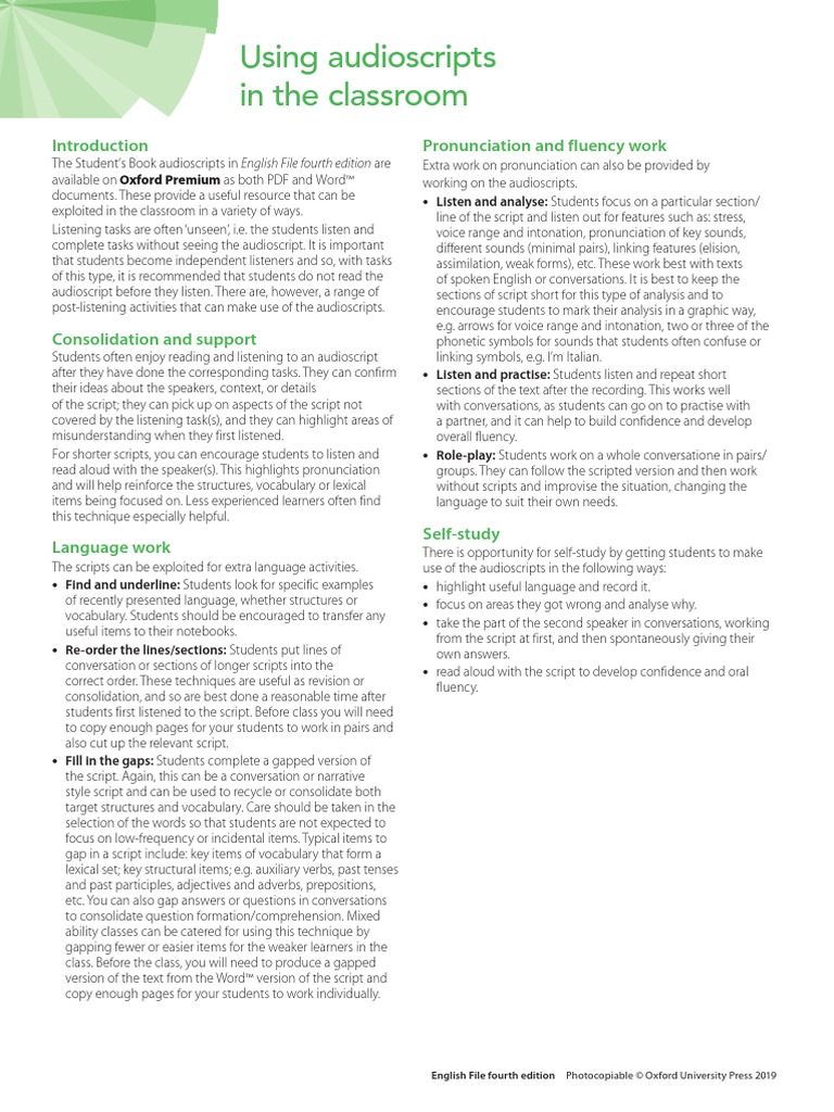 Using Audioscripts in The Classroom: Pronunciation and Fluency Work ...