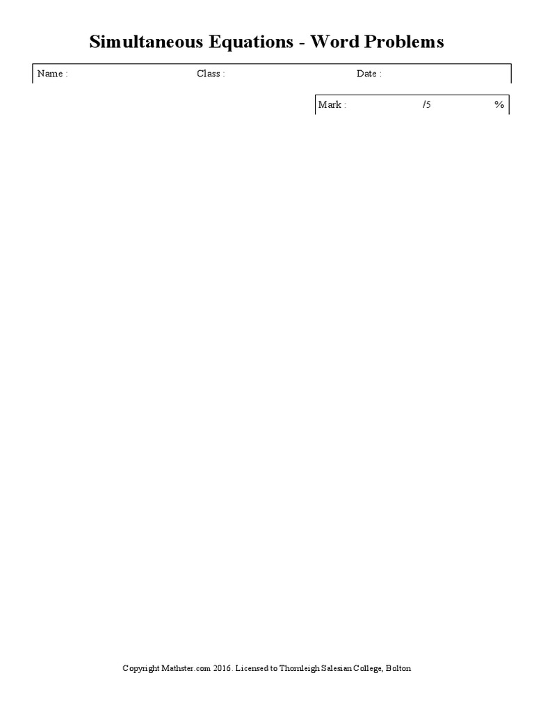 Simultaneous Equations - Word Problems - 2 | PDF