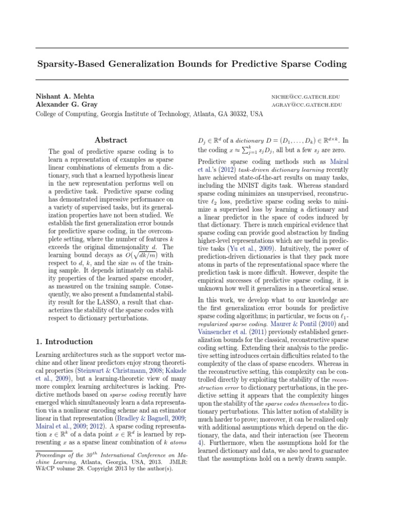 Sparsity Based Generalization Bounds For Predictive Sparse Coding Pdf Theorem Data Compression