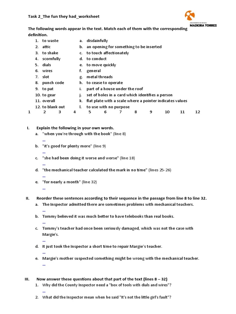 "The Fun They Had" Worksheet | PDF | Human Communication | Linguistic ...