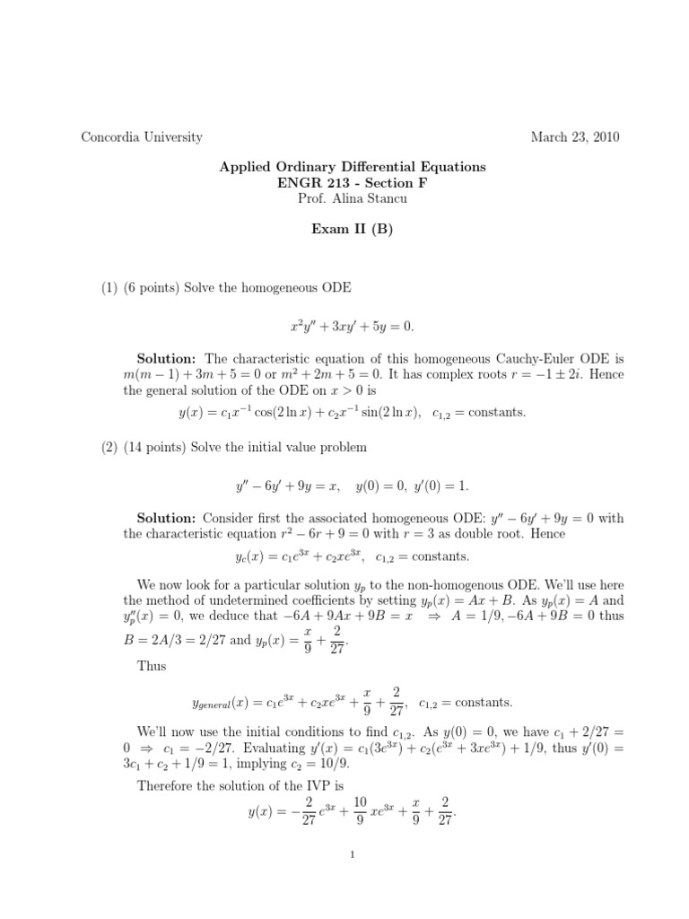ENGR 213 Midterm 2b Sol 2010 | PDF | Ordinary Differential Equation | Differential Equations