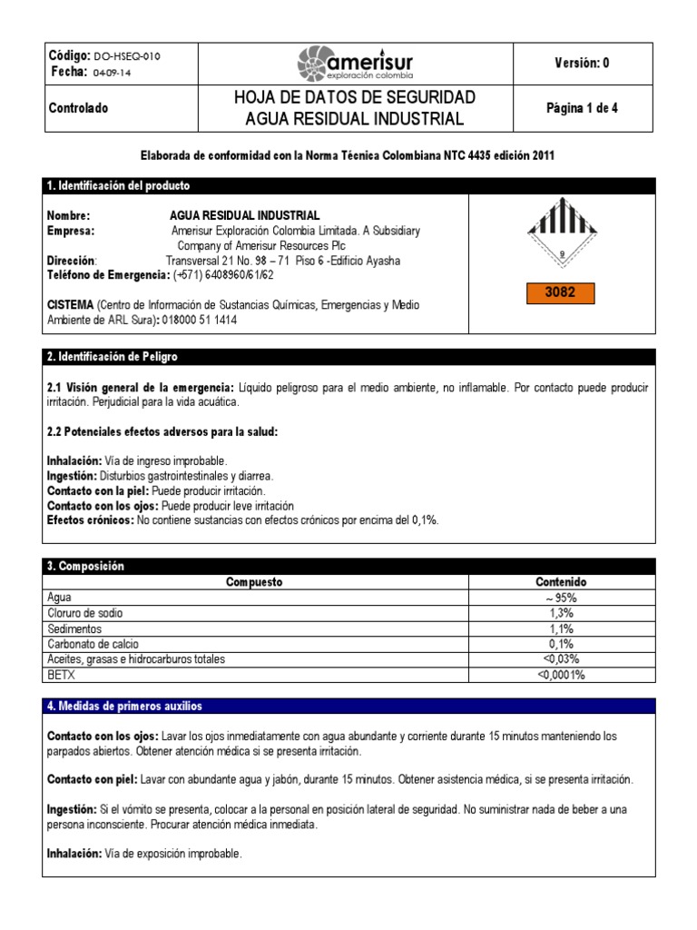 Hoja de Seguridad Agua Residual Industrial | PDF | Aguas residuales ...