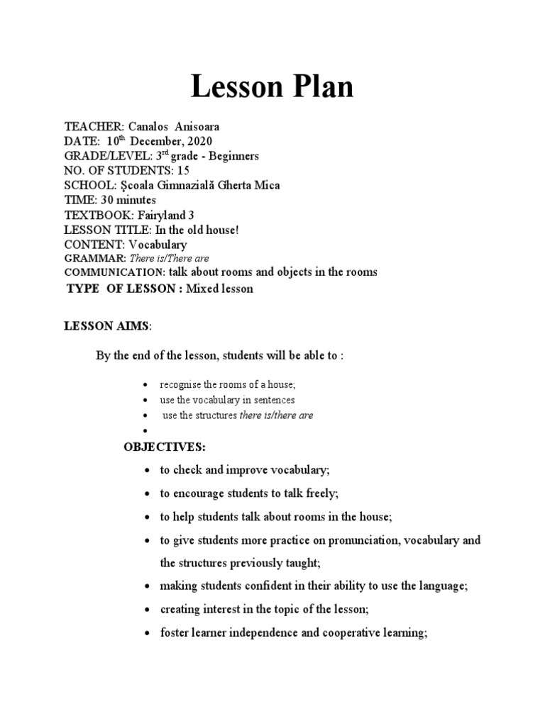 Lesson-Plan-3 Rooms in The House | PDF | Vocabulary | Lesson Plan