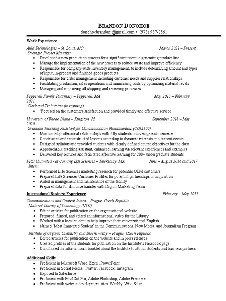 Brandon Donohoe - Resume 4 24 21 | PDF | Marketing | Communication