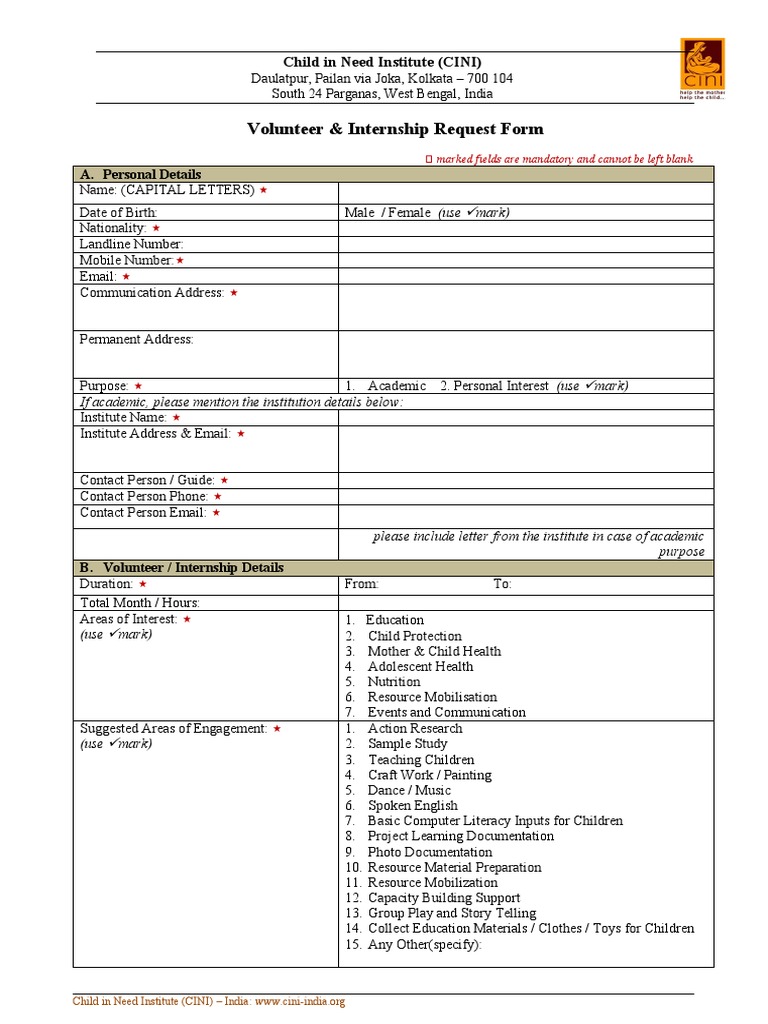 Volunteer & Internship Request Form: Child in Need Institute (CINI ...
