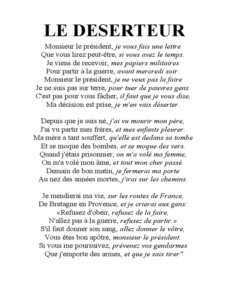 Le Déserteur : Poème de Boris Vian | PDF