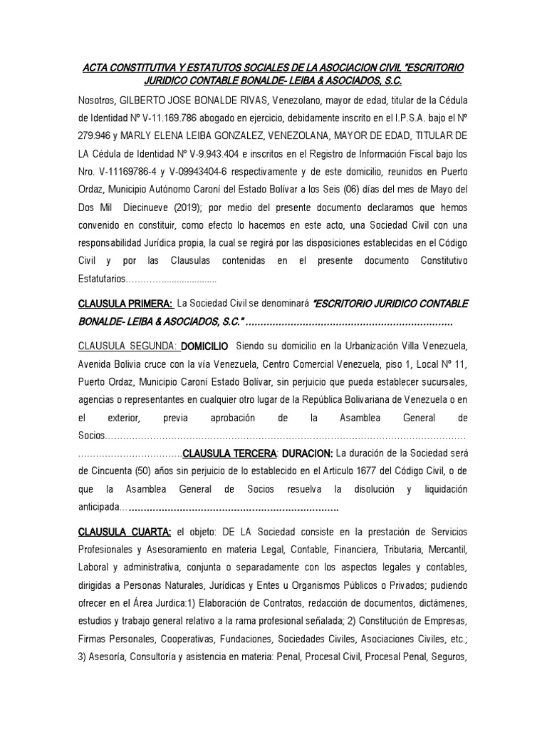 Acta Constitutiva y Estatutos Sociales de La Asociacion Civil | PDF | Sociedad de ...