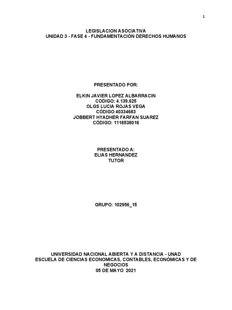 Unidad 3 Fase 4 Fundamentacion Derechos Humanos Act Grupal | PDF | Igualdad de género | Estudios ...