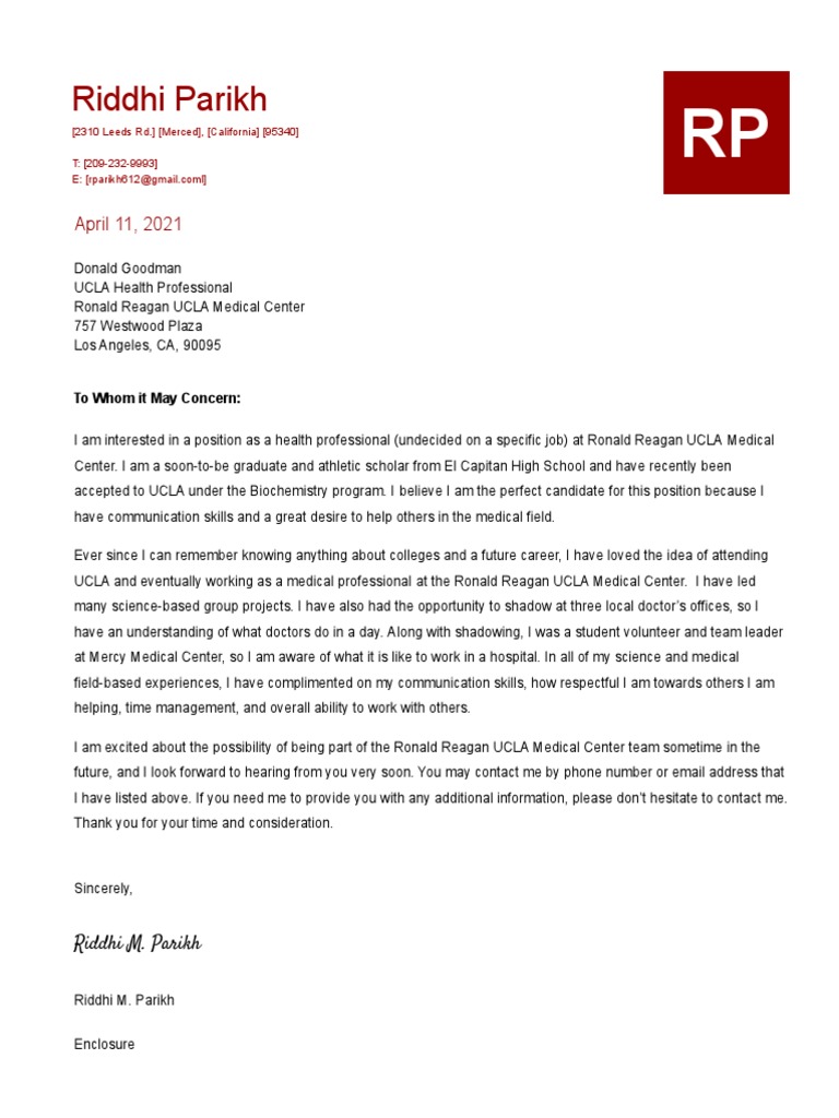 Riddhi Parikh - Cover Letter | PDF