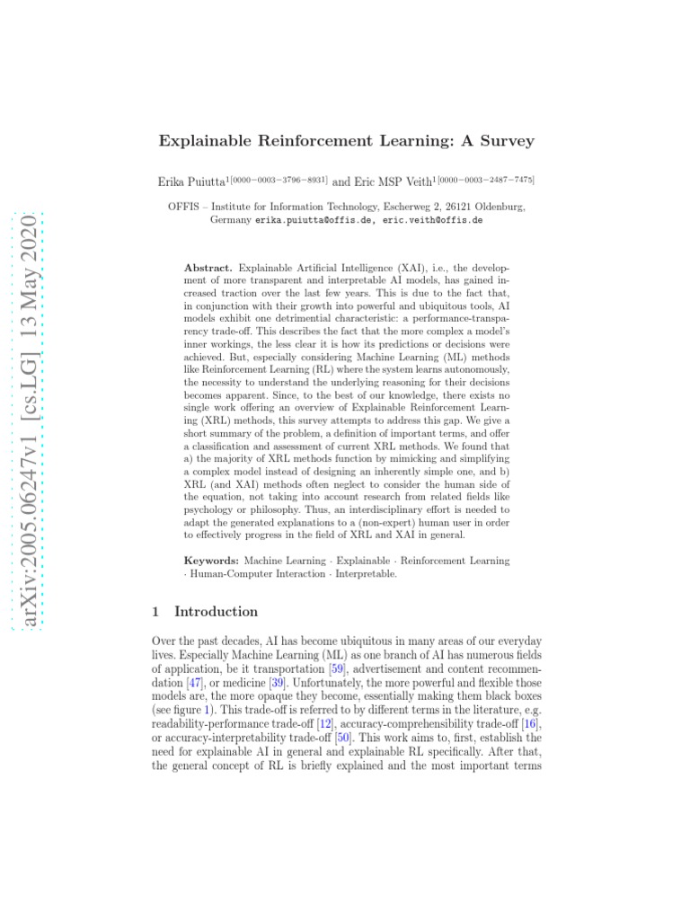 Explainable Reinforcement Learning A Survey | PDF | Artificial Intelligence | Intelligence (AI ...