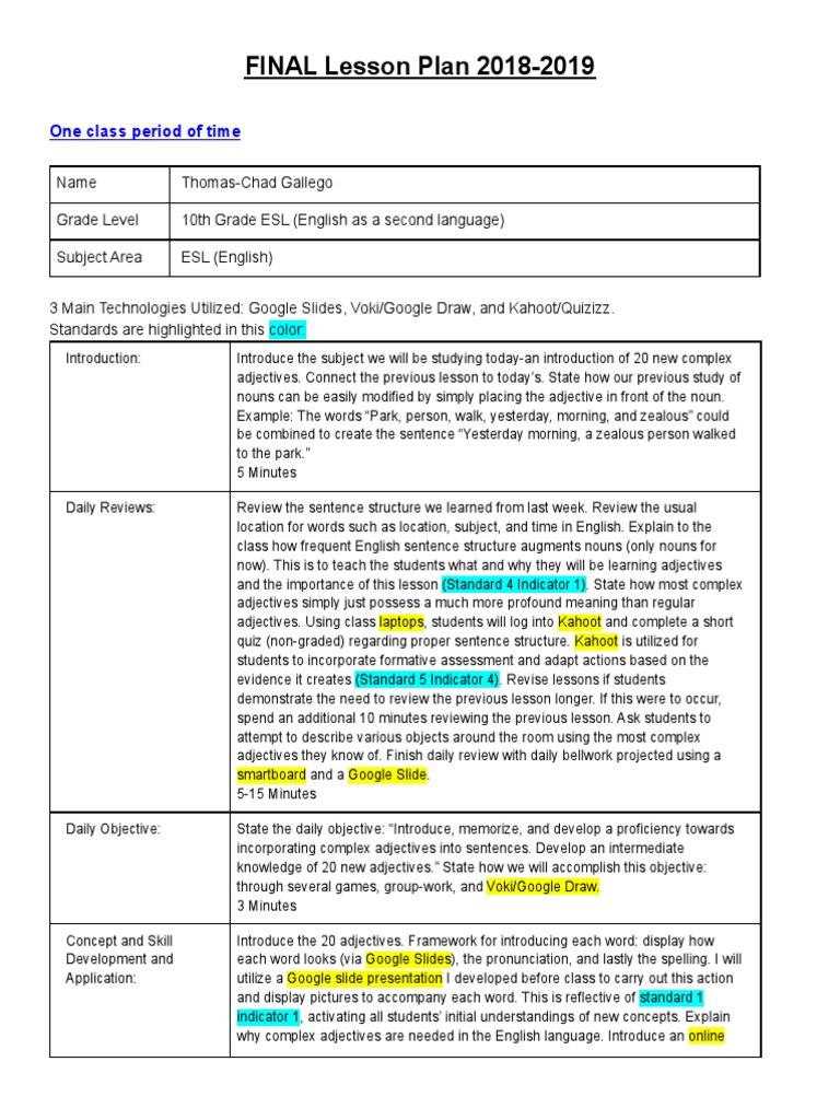 Final Lesson Plan Edu 214 Thomas Gallego 1 | PDF | English Language | Adjective