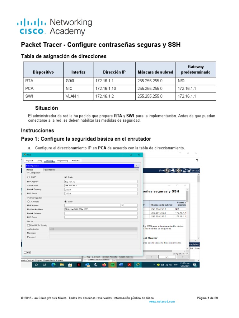 16.4.6 Packet Tracer - Configure Secure Passwords and SSH | PDF | Dirección IP | Contraseña