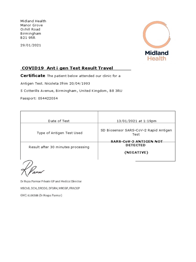 COVID19 Ant I Gen Test Result Travel Certificate: Sars-Cov-2 Antigen ...