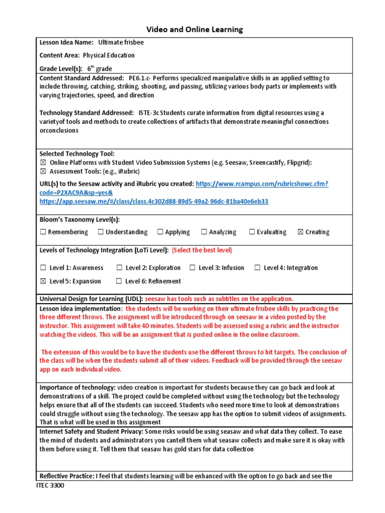 Ultimate Frisbee Itech | PDF | Rubric (Academic) | Educational Technology