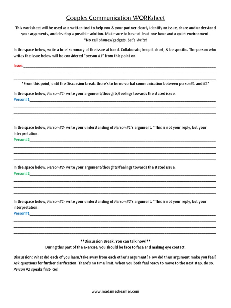 Couples Communication WORKsheet | PDF | Communication | Psychological ...