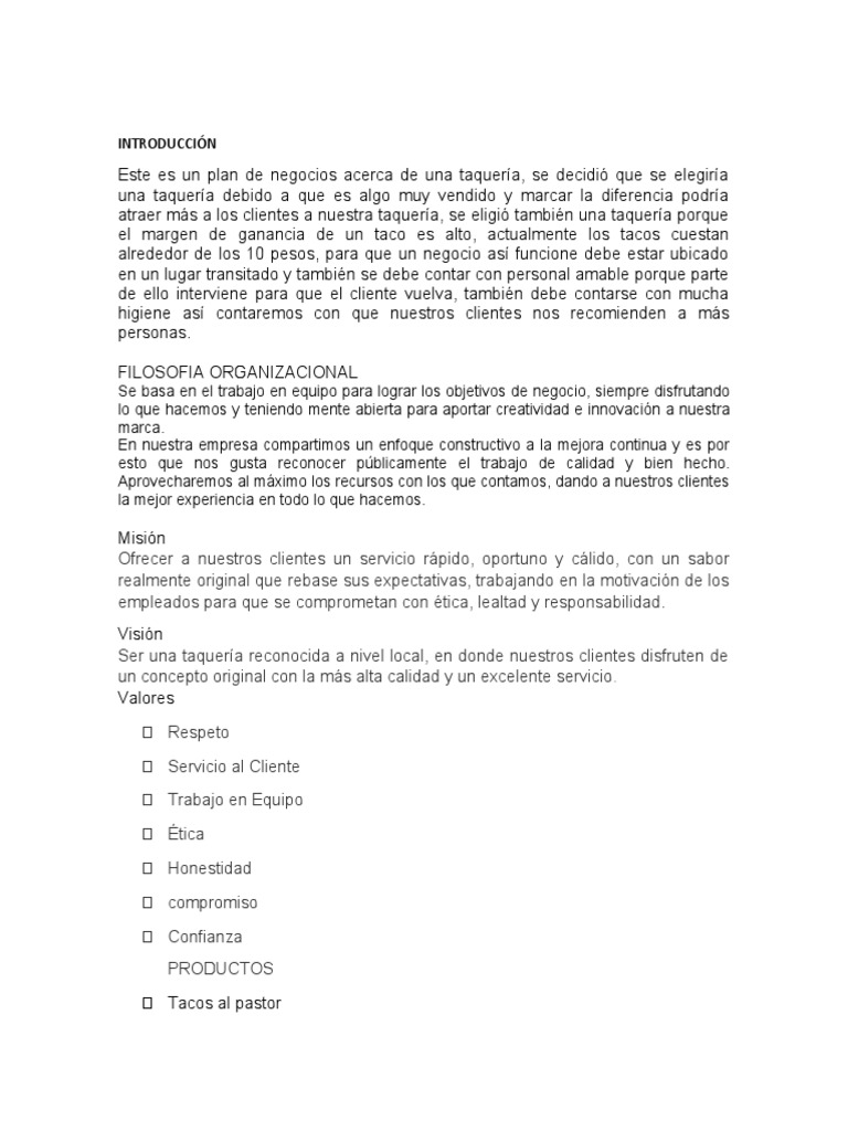 Plan de Negocios Taqueria El Huache | PDF | Taco | Alimentos