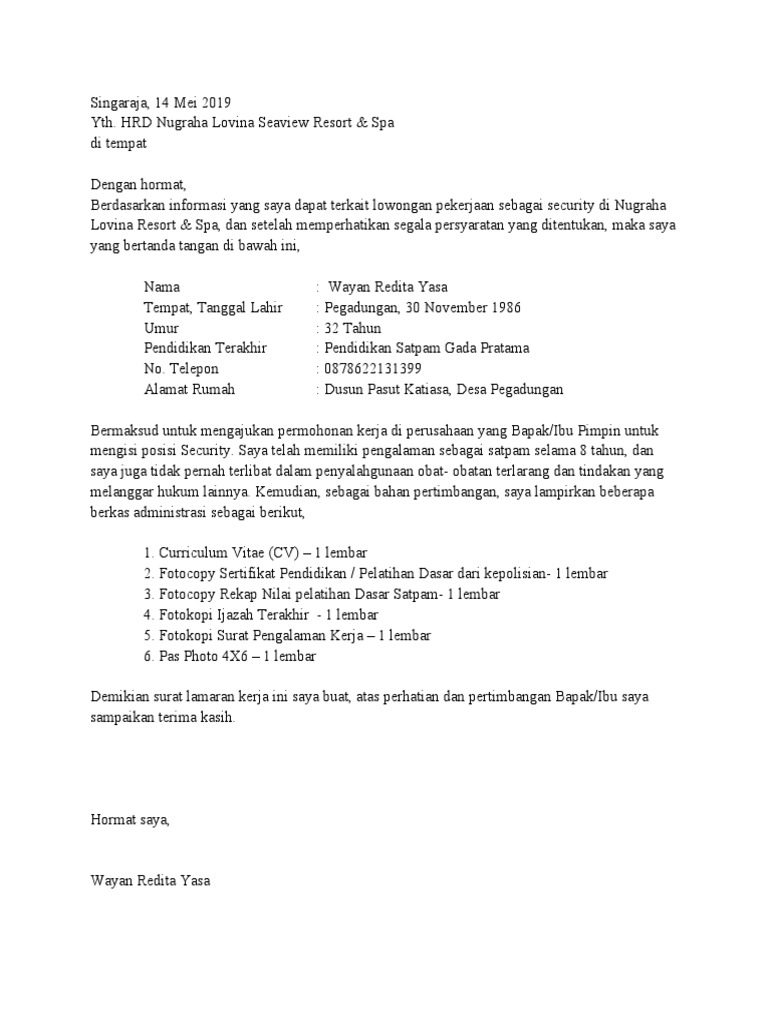 Lamaran Kerja Security Nugraha Resort | PDF
