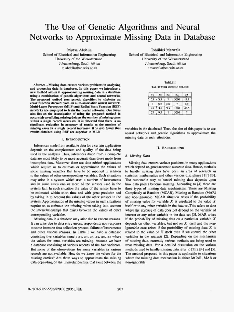 The Use Of Genetic Algorithms Neural Networks Missing Data In Database Pdf Artificial Neural