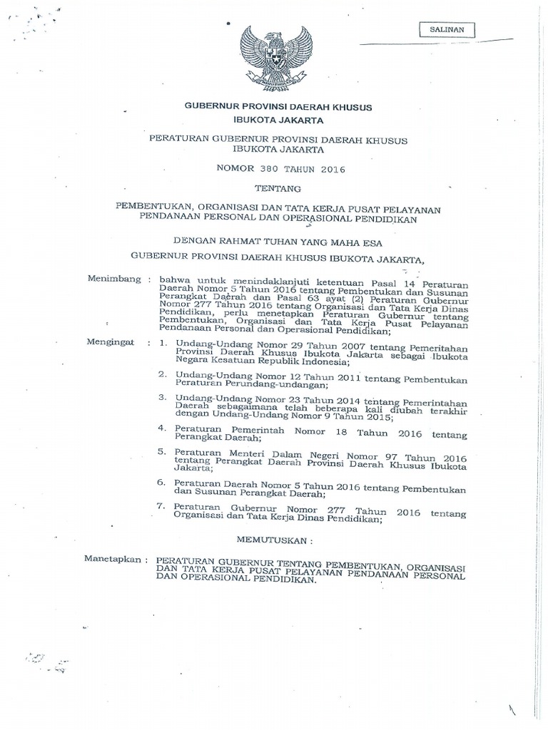 Pergub Tentang Pembentukan Organisasi Dan Tata Kerja P4OP (No. 380 ...