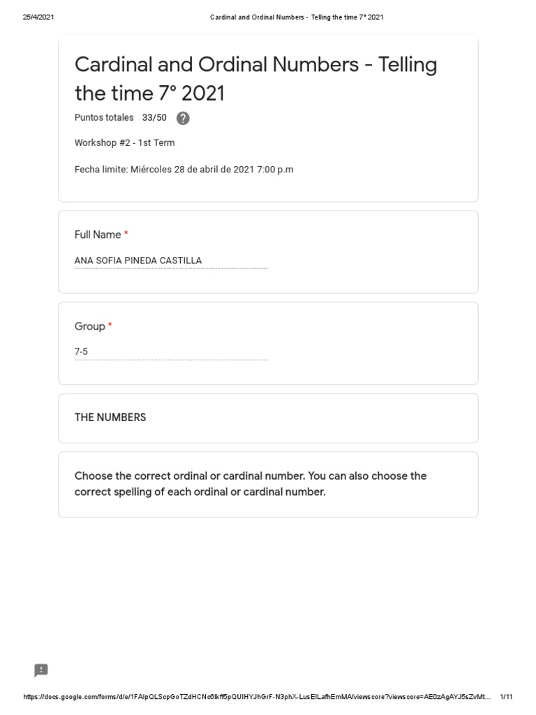 ANA SOFIA PINEDA CASTILLA Cardinal and Ordinal Numbers - Telling The ...