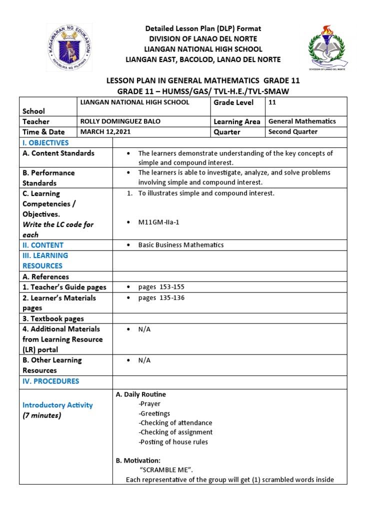 Lesson Plan in General Mathematics Grade 11 Grade 11 - Humss/Gas/ Tvl-H ...
